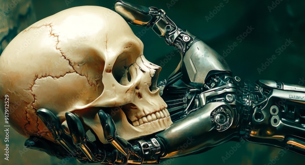 Sinister Portrayal of a Cyborg Hand Clutching a Human Skull ...