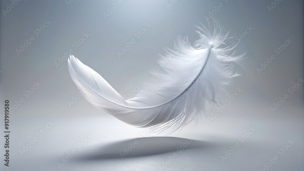 Single white feather floating gently downwards, suspended in mid-air ...