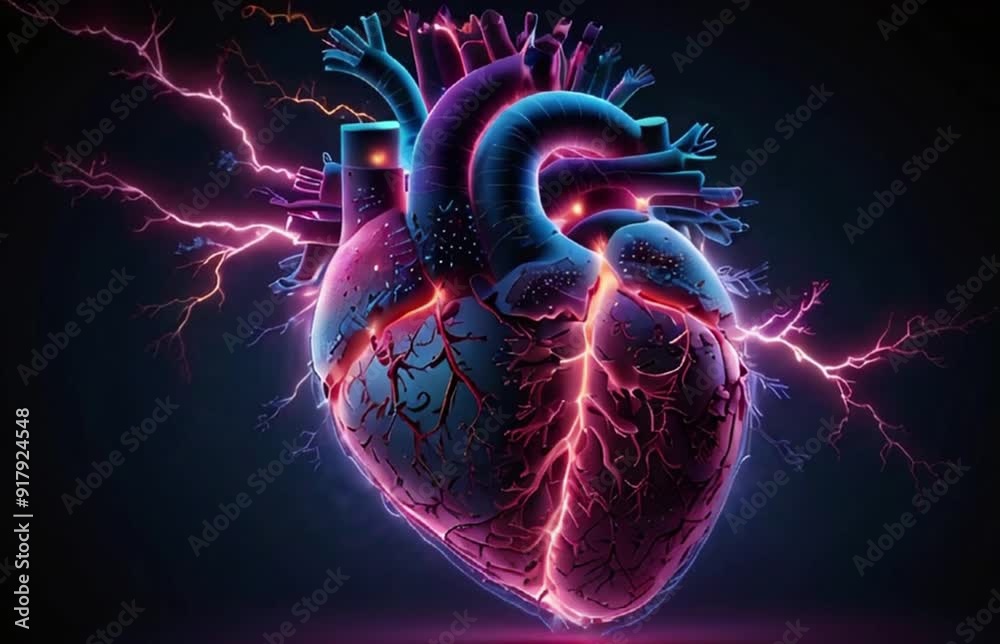 A stylized, glowing depiction of a human heart with vivid electric ...