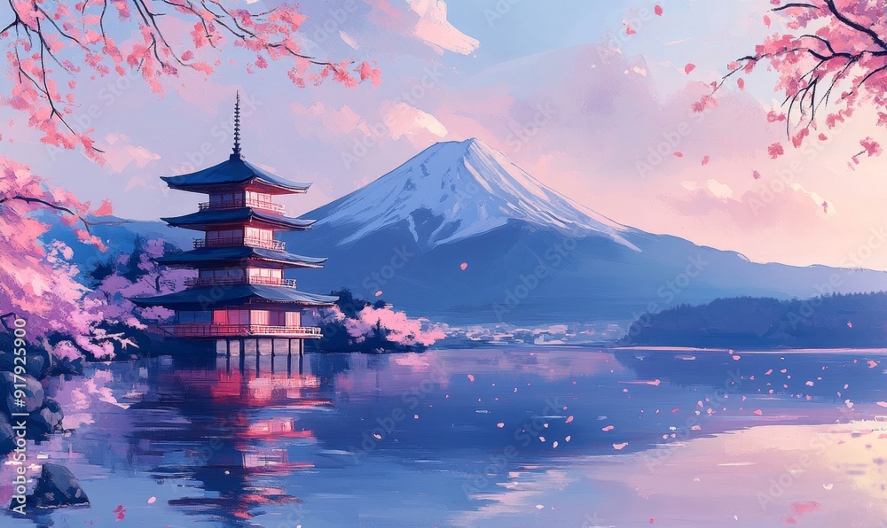Majestic Mount Fuji Silhouette: Serene Seascape in Anime-Style Digital ...
