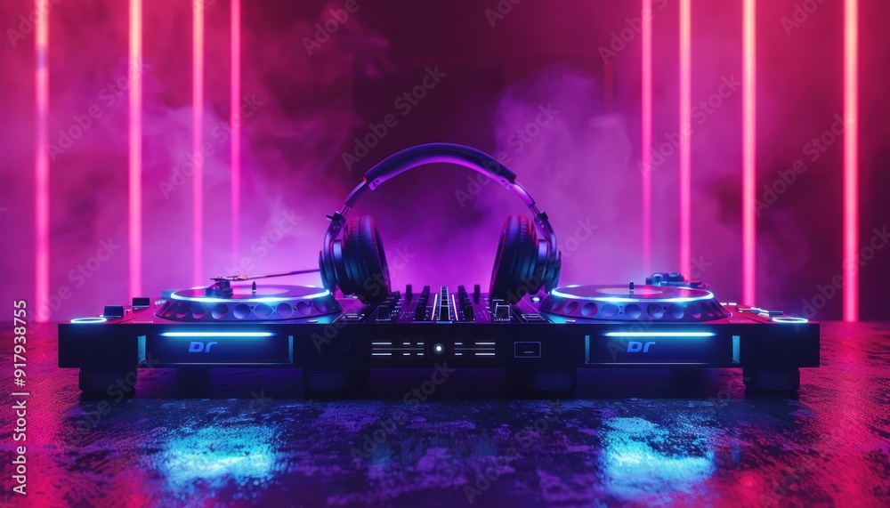 Professional dj console standing on stage under neon lights with smoke ...