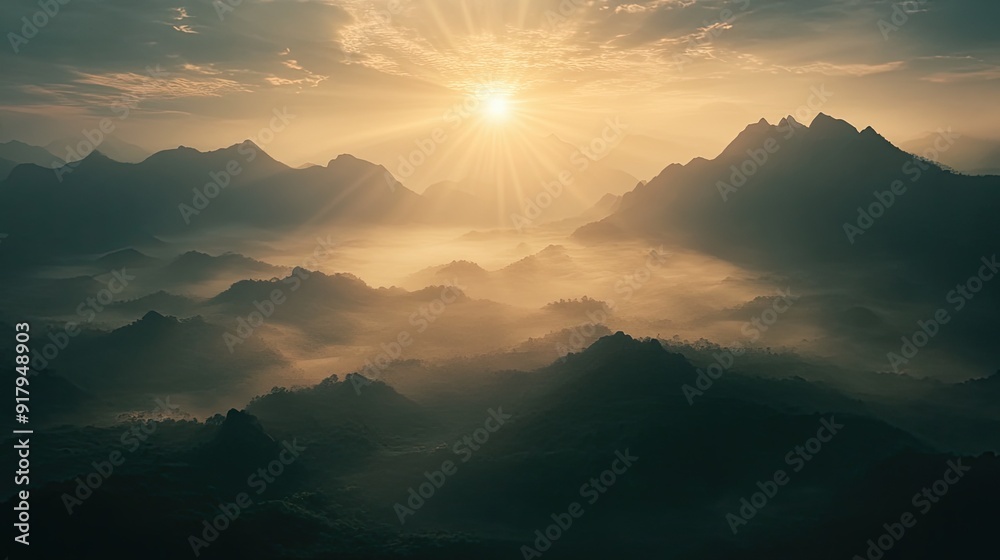 Sunrise over a mountain range, with the light breaking through the mist ...