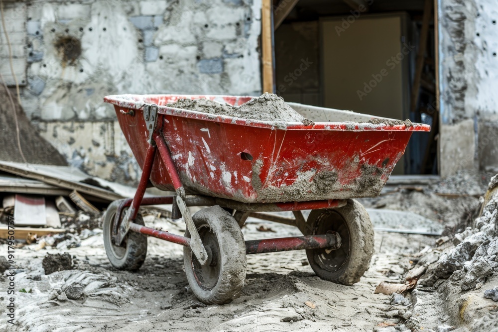 Laying paving stones on the sidewalk. Two-wheeled wheelbarrow for ...