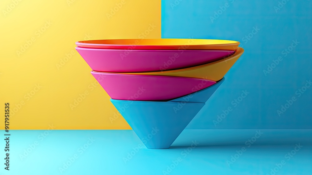 3D funnel chart with segmented sections, representing the stages of the ...