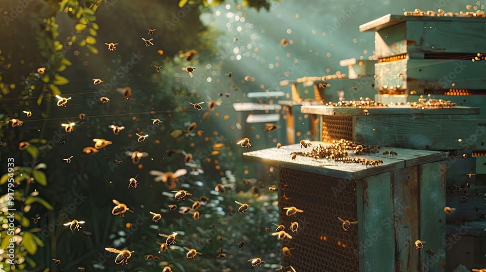 A serene bee farm with beehives and bees buzzing around collecting ...