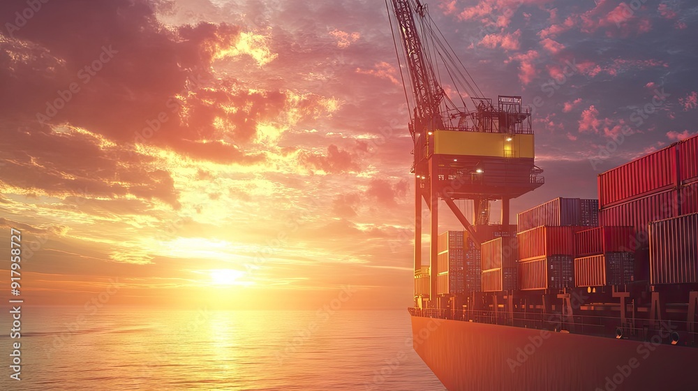 Cargo freight ship with crane to shore lift up loading container box in ...