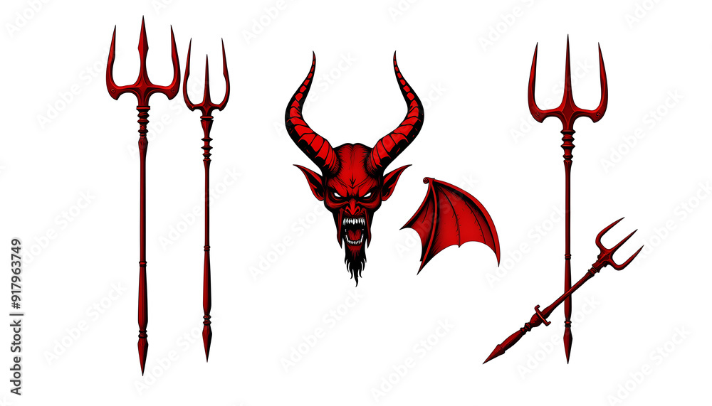 Set collection of devil demon satan red rustic trident pitchfork fork ...
