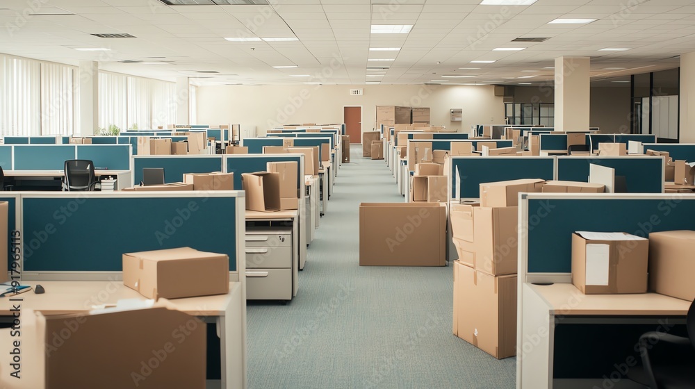 An office with empty desks and packed-up boxes, symbolizing the ...