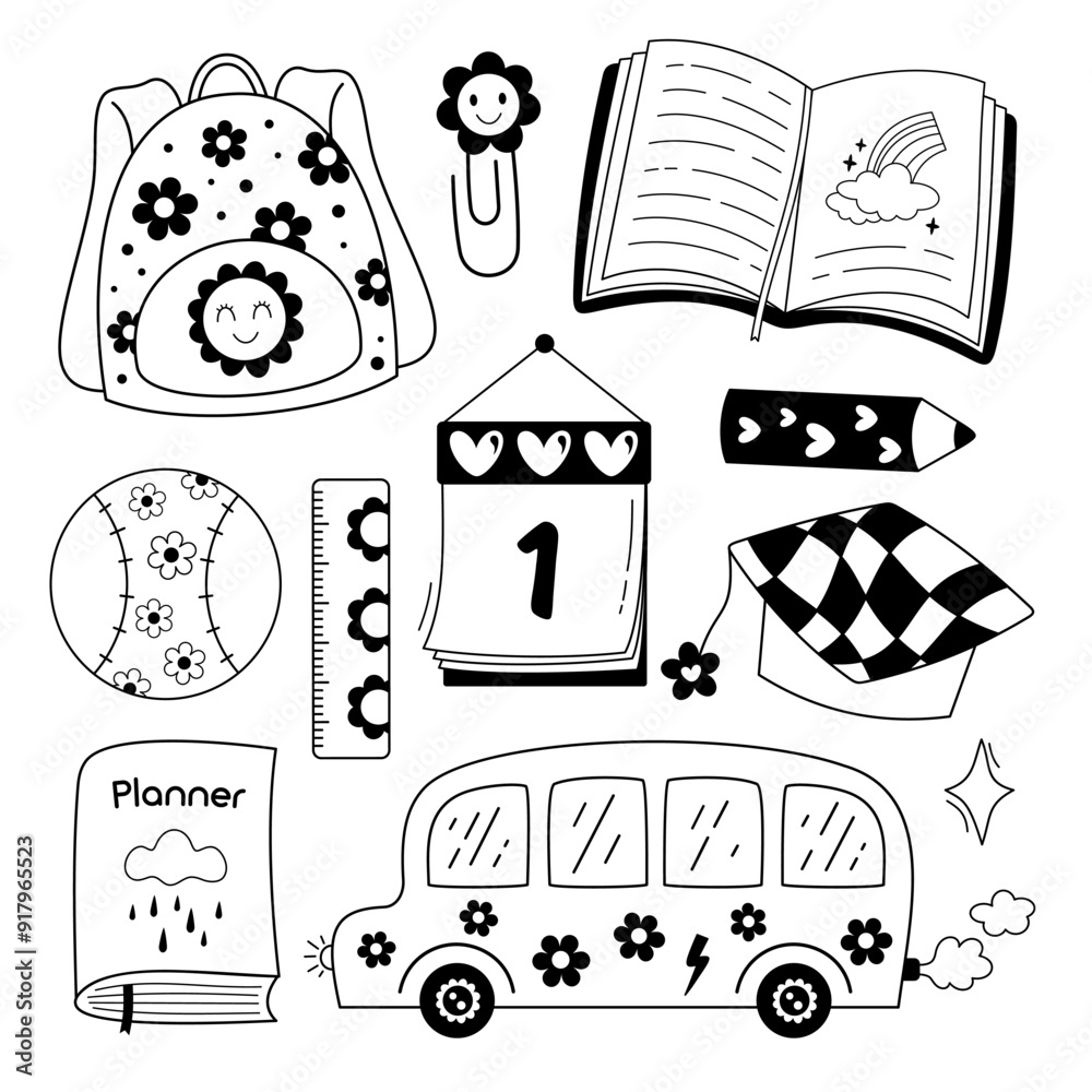 Back to school clipart. Retro groovy school doodle. School planner ...