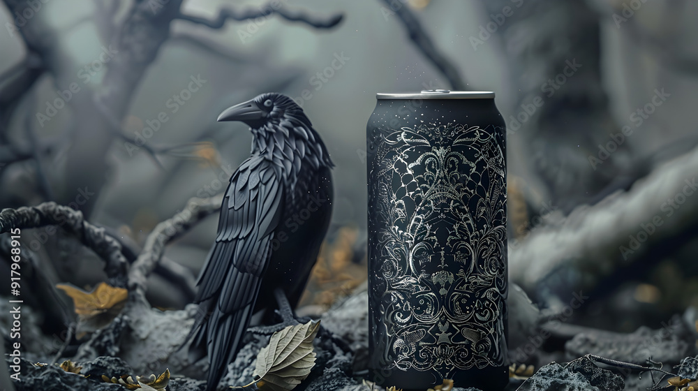 Eerie Gothic Inspired Beer Can with Intricate Raven Artwork and Dark ...