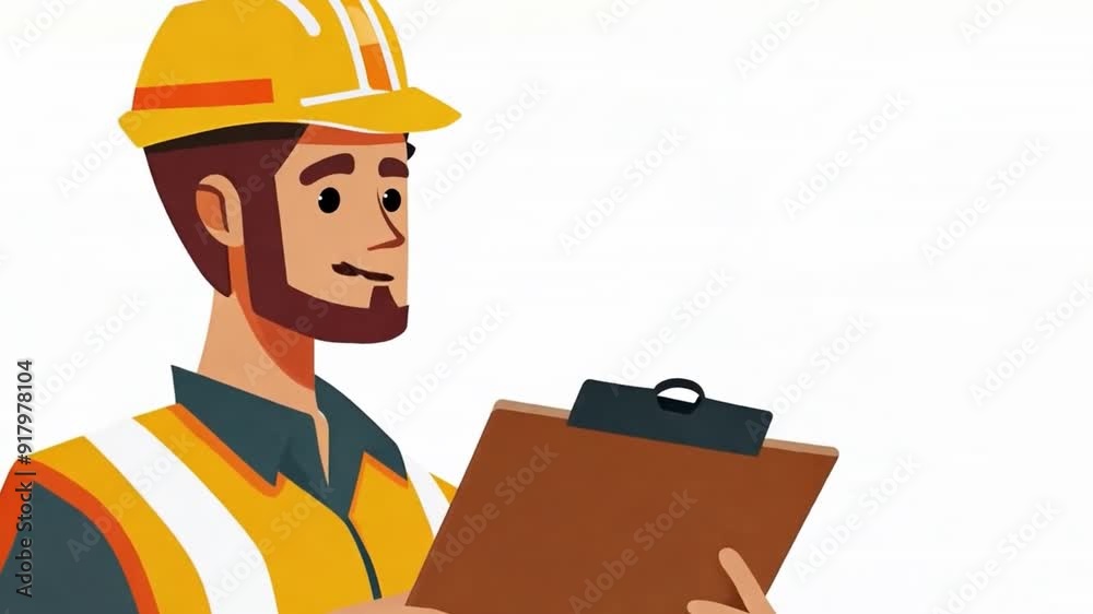 Cartoon or animation of male engineer wearing yellow hat, safety suit ...