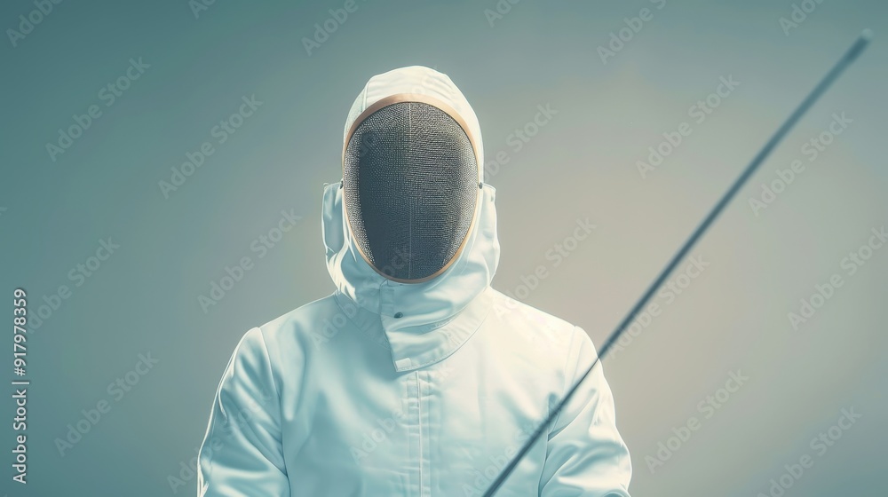 A mysterious fencer in a protective suit, displaying a fencing sword ...