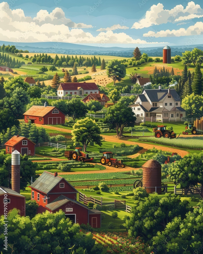 Extensive agricultural farm with crops, tractors, and machinery ...