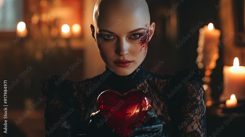 Intriguing Gothic Poster: Bald Woman with Striking Blue Eyes and Blood ...