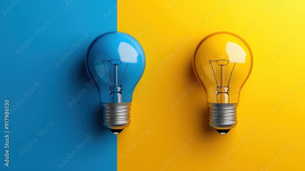 Blue and Yellow Light Bulbs on Split Background Two light bulbs, one ...