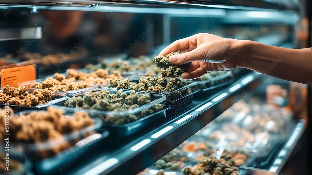 A hand carefully selecting cannabis buds from a display case in a ...