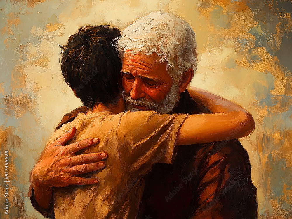 The prodigal son returns home, embraced by his father, representing forgiveness, grace, and the ...