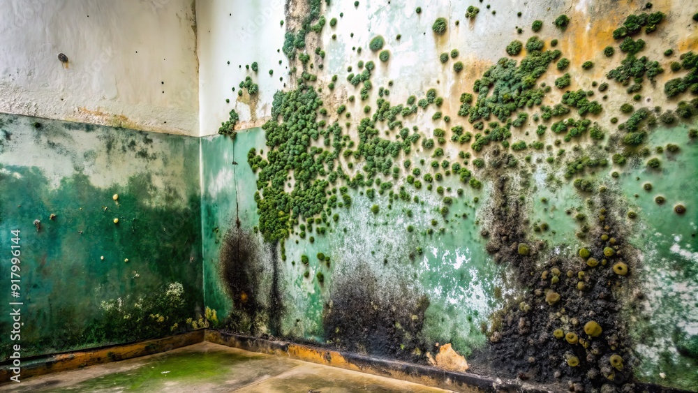 Dark greenish-black mold growth on a damp, water-stained wall with tiny ...