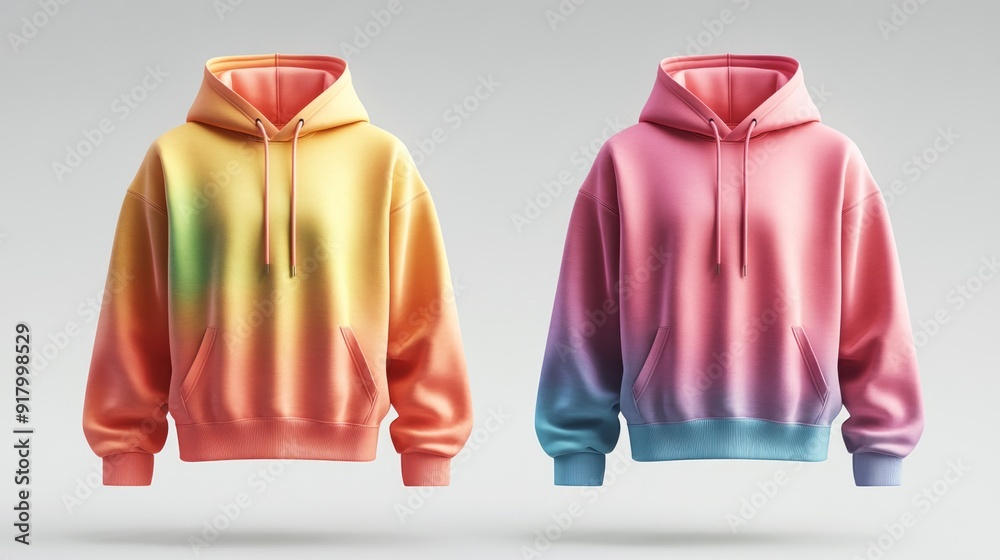Two colorful hoodies with a rainbow design. The hoodies are on a white ...
