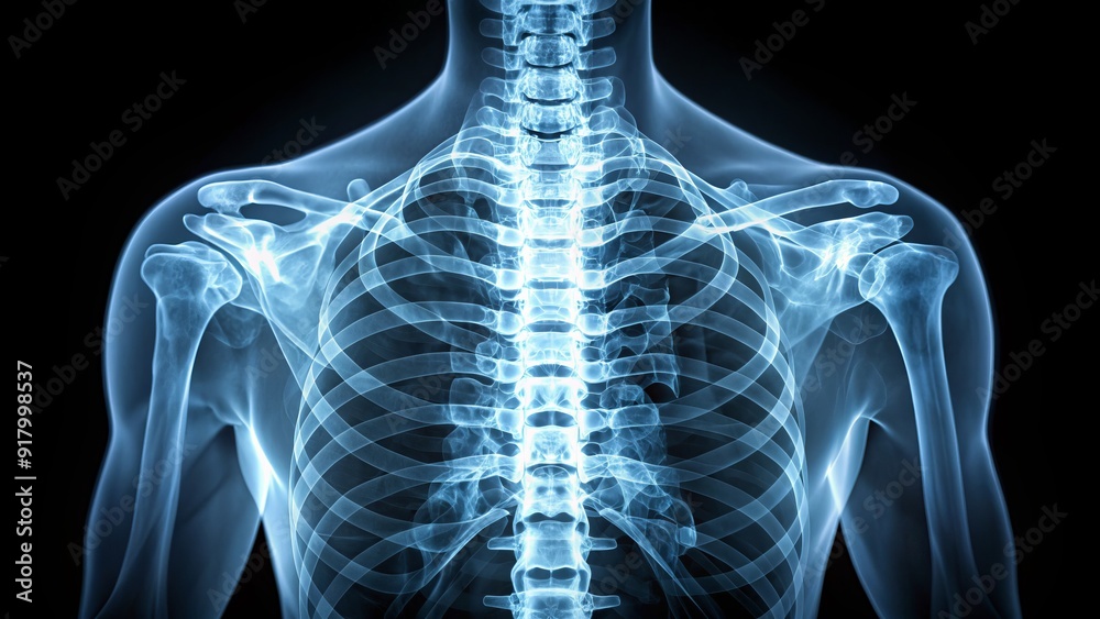 Detailed X-ray image of a healthy thoracic spine showing T1 to T12 ...