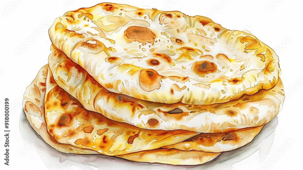 Naan bread with a fluffy texture,Clipart, watercolor illustration ...