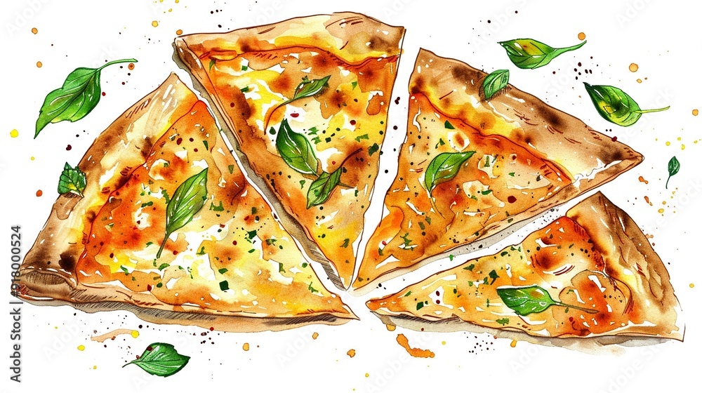 Flatbread with a thin and crispy crust,Clipart, watercolor illustration ...