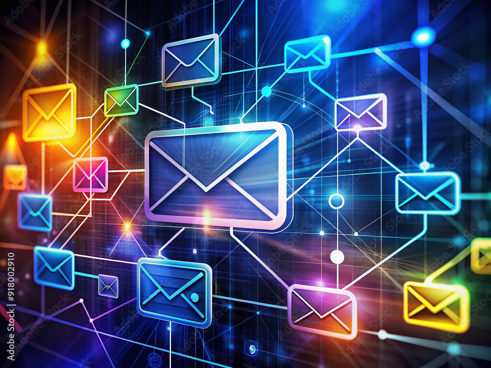 Colorful illustration of email icons, envelopes, and electronic devices ...