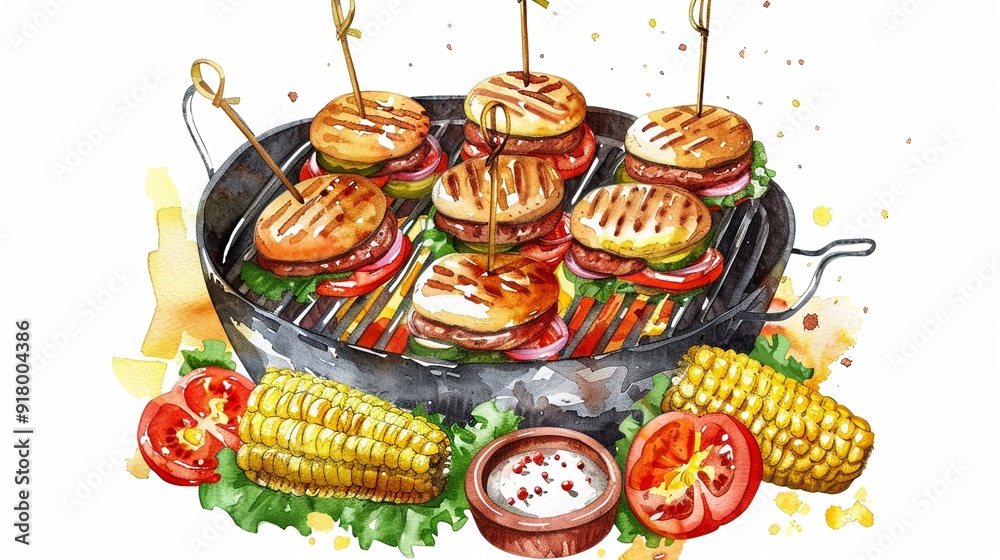 Summer barbecue dinner with grilled corn and burgers,Clipart ...