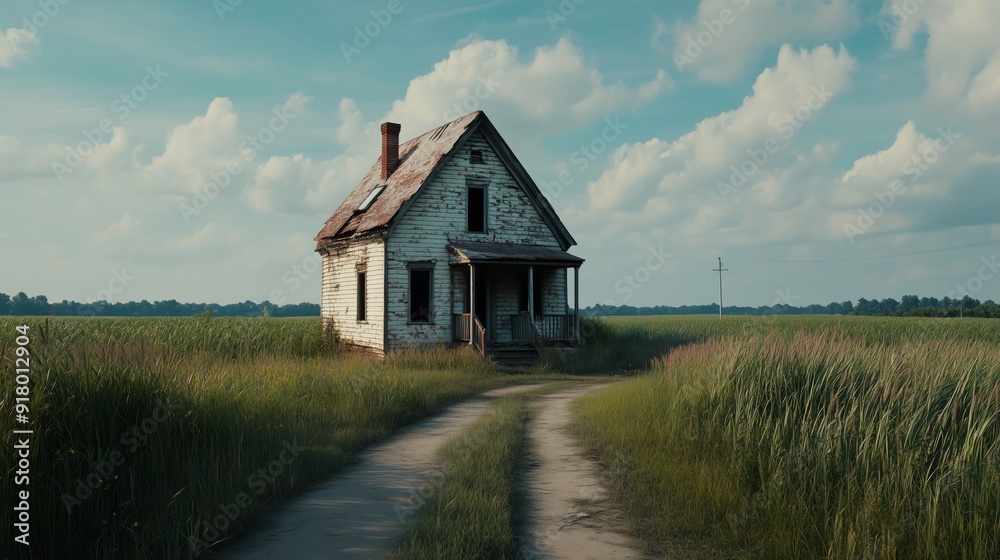 derelict house with a collapsing roof and boarded-up windows is ...