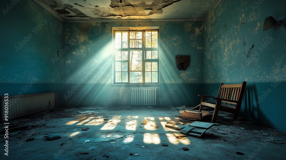 The interior of a derelict building featuring overturned furniture ...