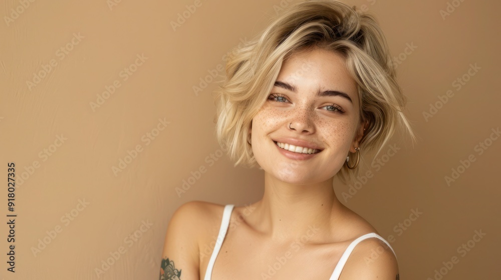 Young happy blond pretty smiling girl beauty female gen z model with ...