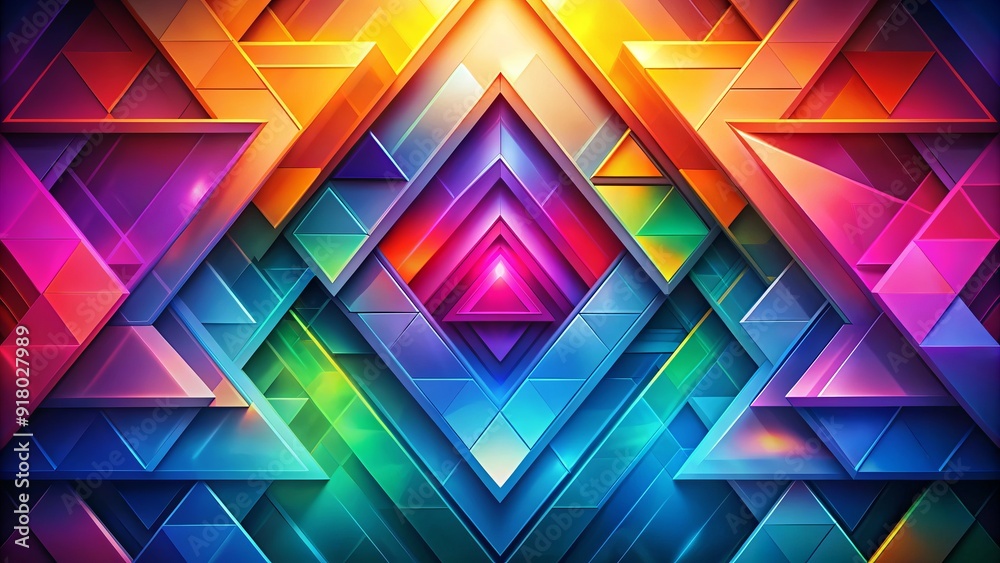 Vibrant geometric abstraction featuring intersecting triangular shapes in bold colors, creating ...