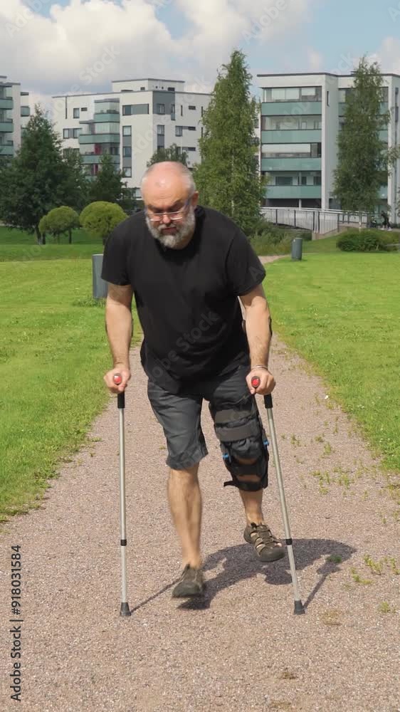 Mature man with bondage, medical splint, knee brace on the leg walking ...
