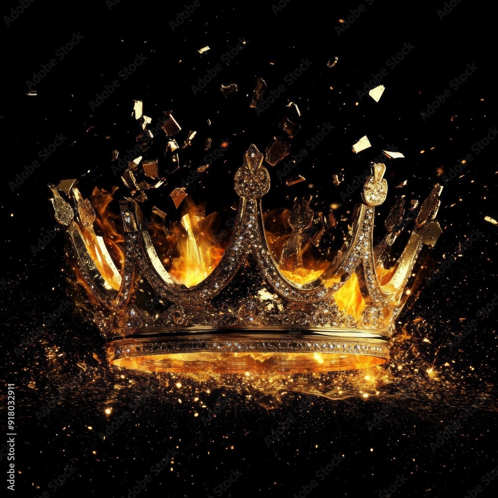 Shattered Golden Royal Queen's Crown Amidst an Explosive Fiery ...