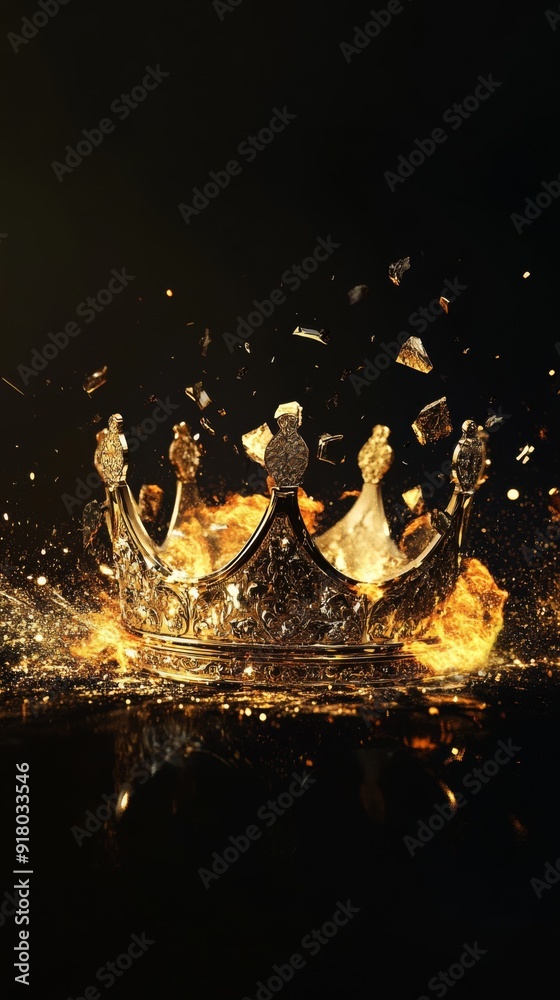 Shattered Golden Royal Queen's Crown Amidst an Explosive Fiery ...