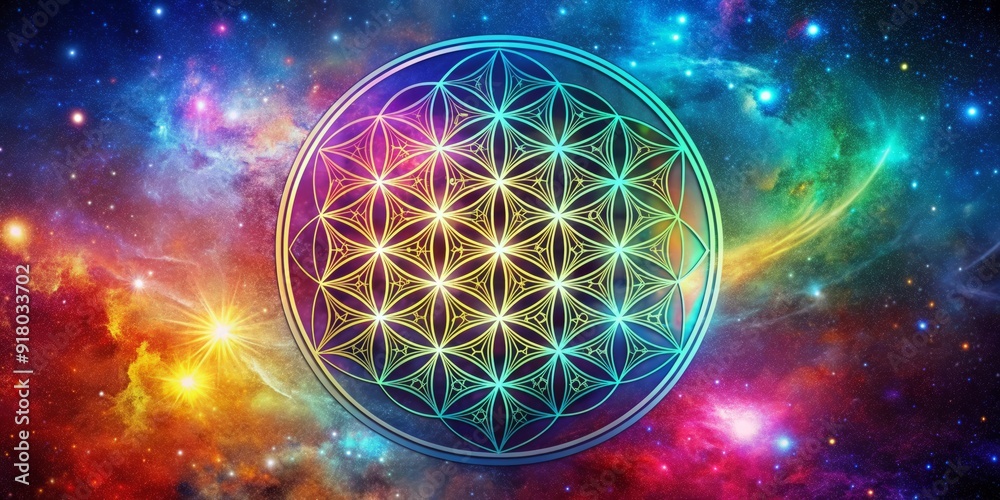 Vibrant Flower of Life symbol glows with sacred geometrical patterns ...