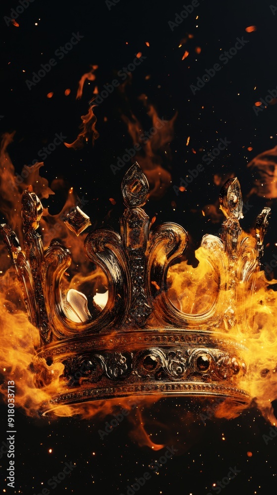 Shattered Golden Royal Queen's Crown Amidst an Explosive Fiery ...