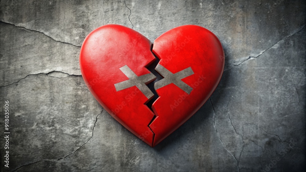 A dramatic illustration of a broken heart with a crack line and a bold ...