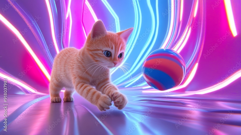 A playful 3D cat model interacting with a virtual toy, highlighting the ...