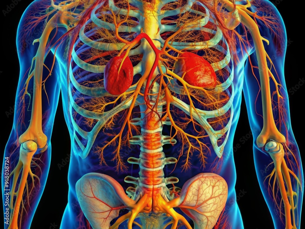 Colorful 3D CT angiogram scan of abdominal aorta, renal and common ...