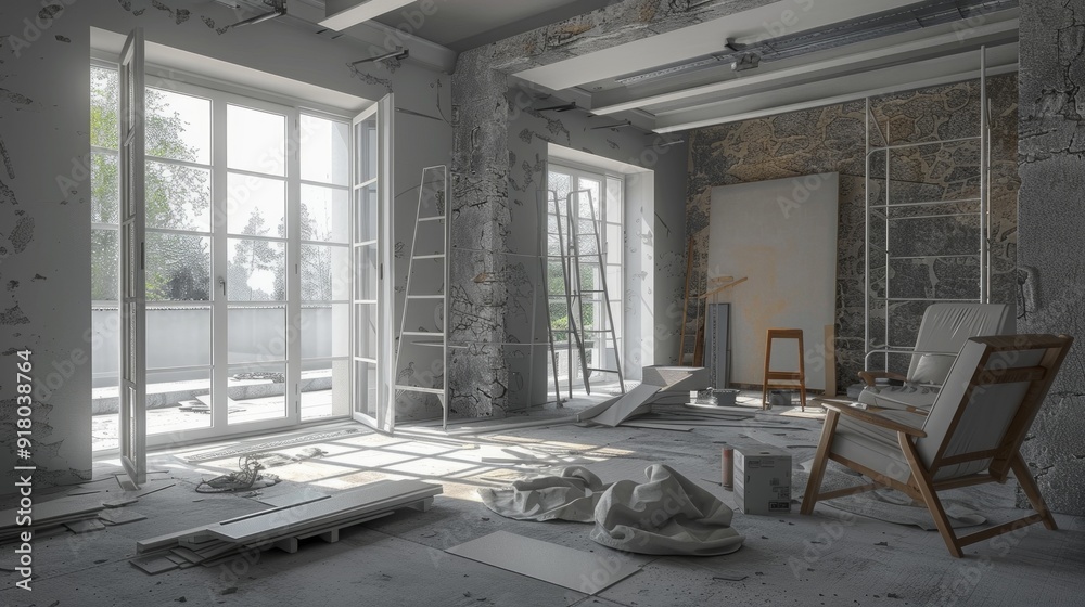 Room under construction: cluttered floor with materials and tools ...