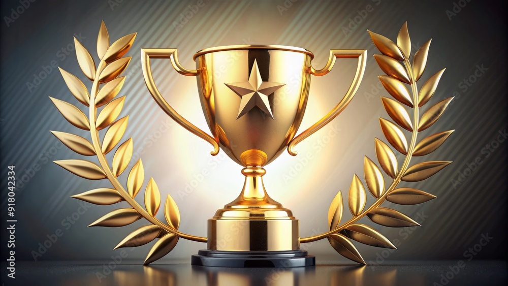 Golden trophy cup with shiny laurel wreath and star symbol on a ...