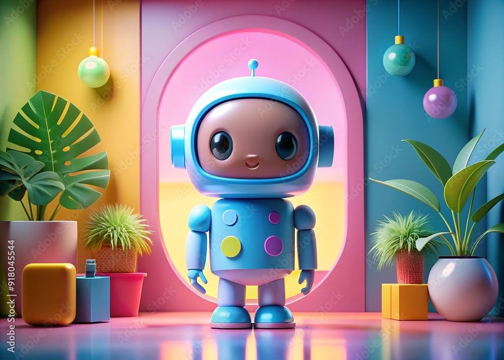 Adorable toy robot in a colorful, child-friendly room with potted ...