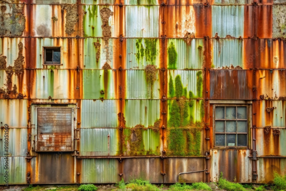 Weathered, grimy, and corroded metal wall panels with rusty streaks ...