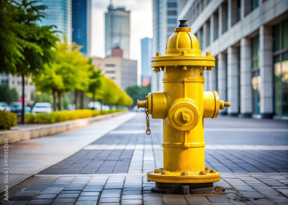 Yellow fire hydrant with attached water pump sign indicating pressure ...