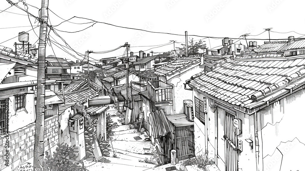 Sketch of a Narrow Alleyway in a Densely Populated Asian City Stock ...