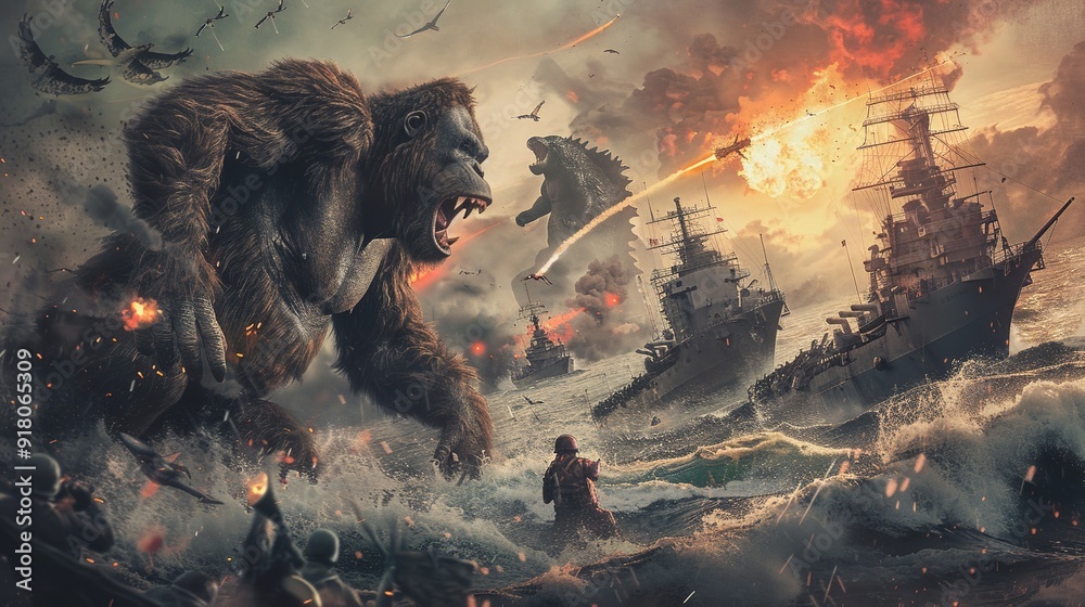 King Kong & Godzilla Epic Battle at Sea Stock Illustration | Adobe Stock