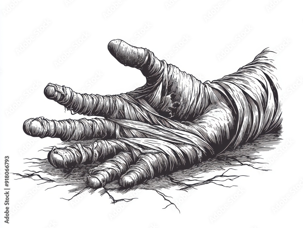 Black and white Vintage engraved art of a zombie mummy's hand with six ...
