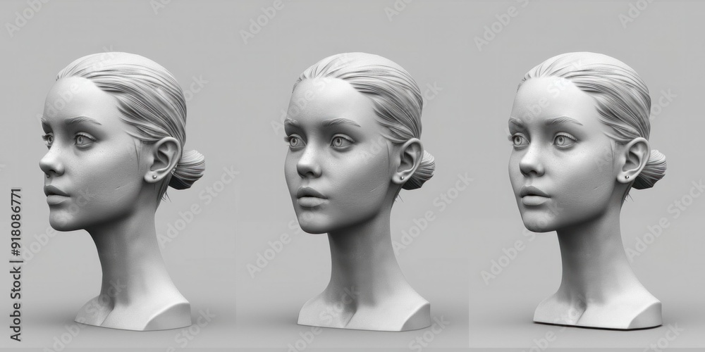 D sculpture of a female head shown from multiple angles, featuring a ...