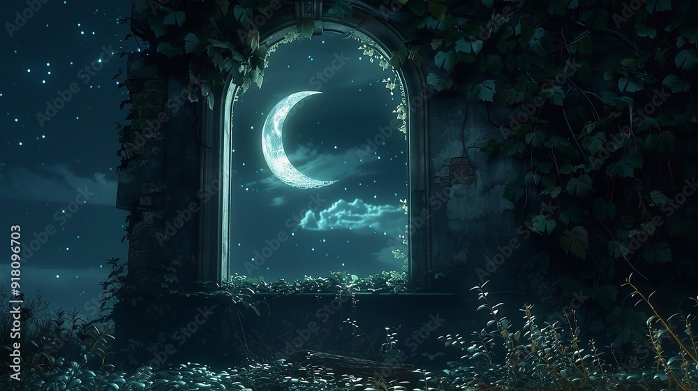 Mystical window with crescent moon in night sky. gerenated AI, Stock ...
